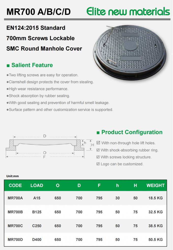 Heavy Load SMC Manhole Cover D400 Class Lightweight Anti Theft Durable ...